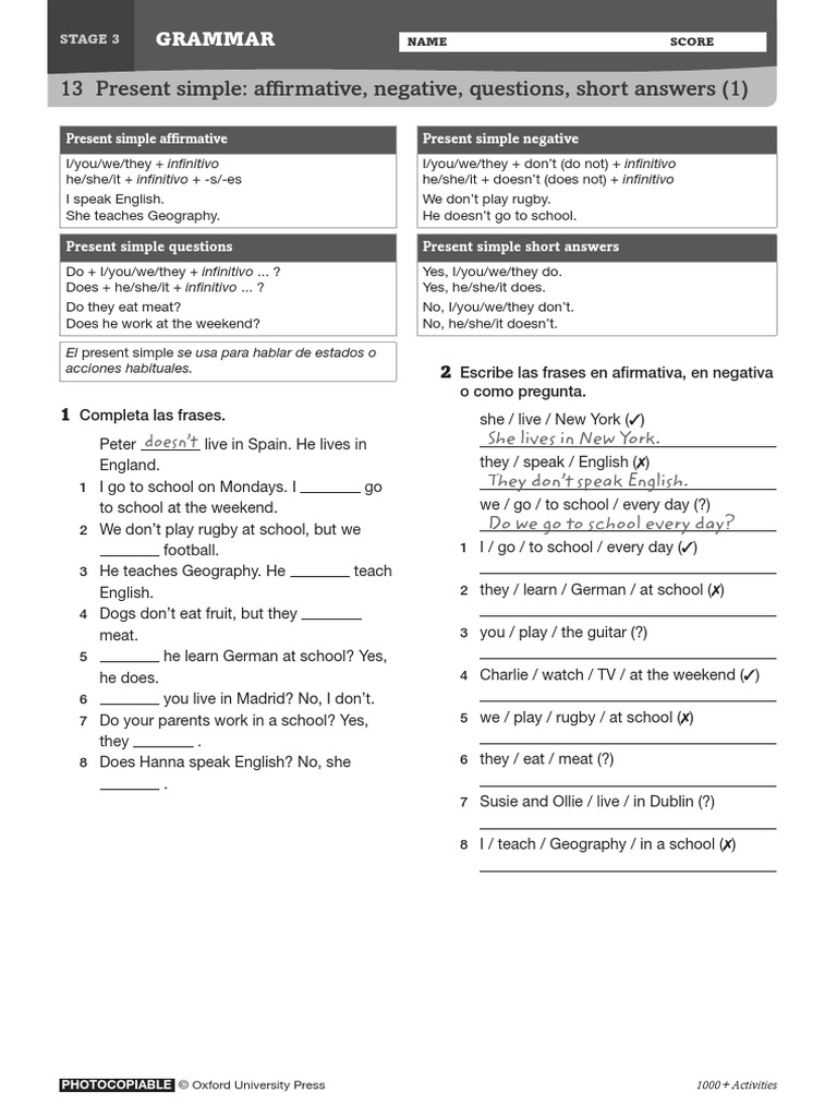 13-Stage 3 13 Present Simple Affirm Neg Questions and Short PDF | PDF