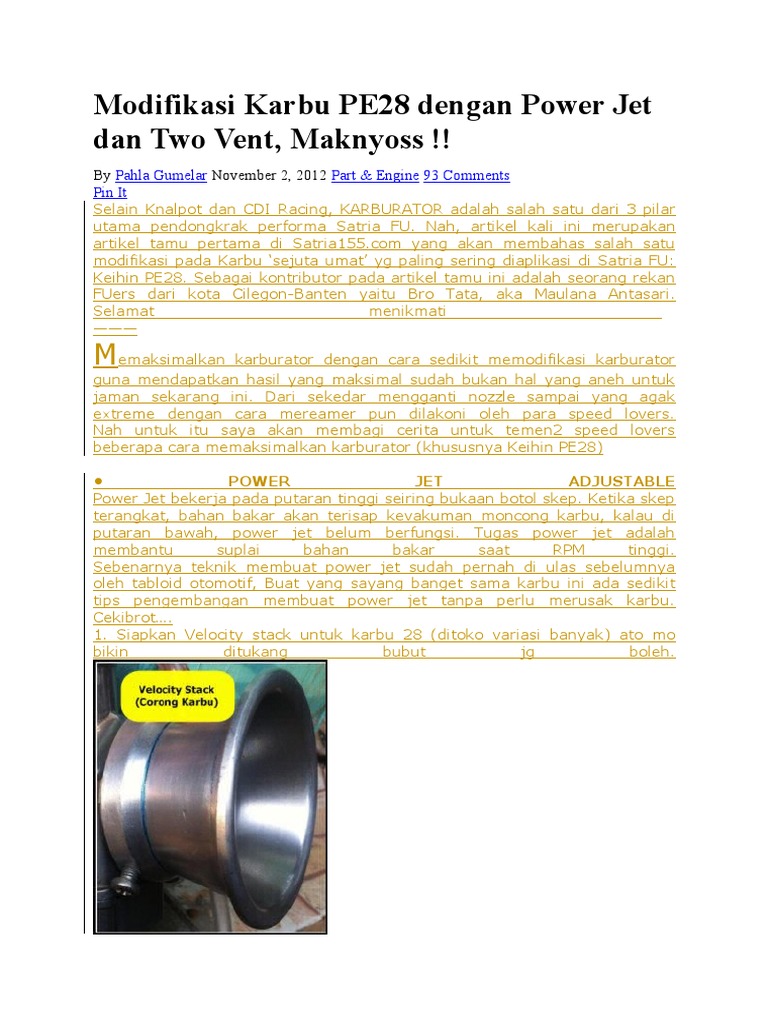 Modifikasi Karbu PE28 Dengan Power Jet Dan Two Vent | PDF
