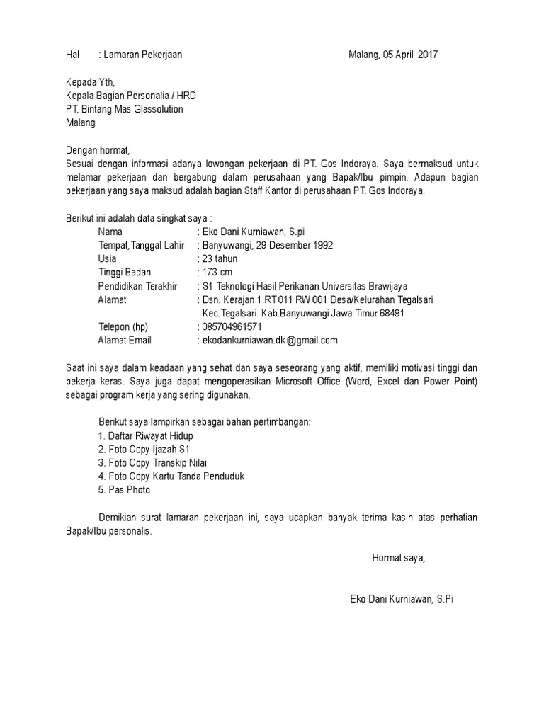 Surat Lamaran Kerja PT. Gos Indoraya | PDF