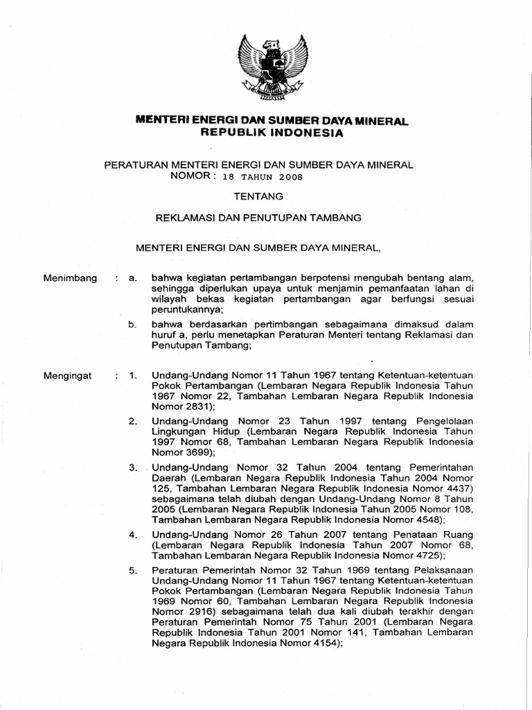 Permen Esdm 18 Tahun 2008 Reklamasi Dan Penutupan Tambang Pdf