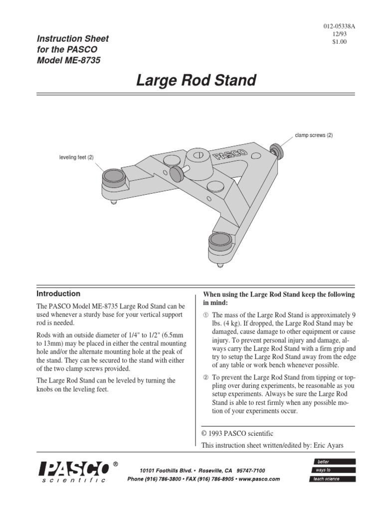 Large Rod Stand: Instruction Sheet For The PASCO Model ME-8735 | PDF ...
