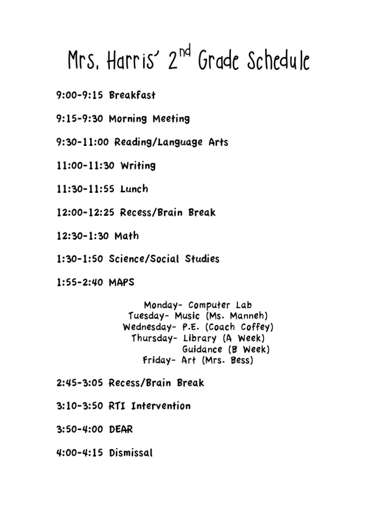 Mrs. Harris' 2 Grade Schedule | PDF