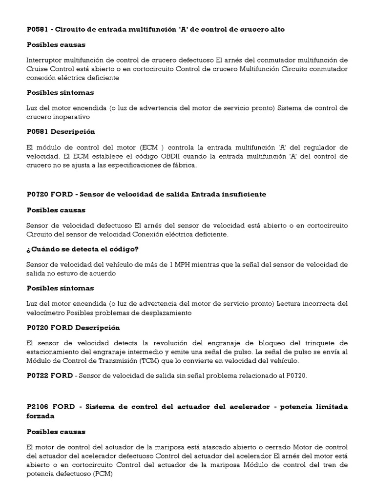 Códigos de Error Ford: P0581, P0720, P2106, P1000 | PDF | Acelerador ...