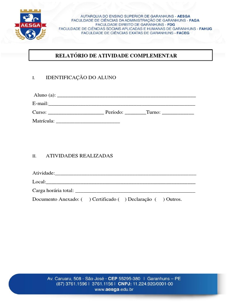 Capa de Relatório de Atividade Complementar | PDF