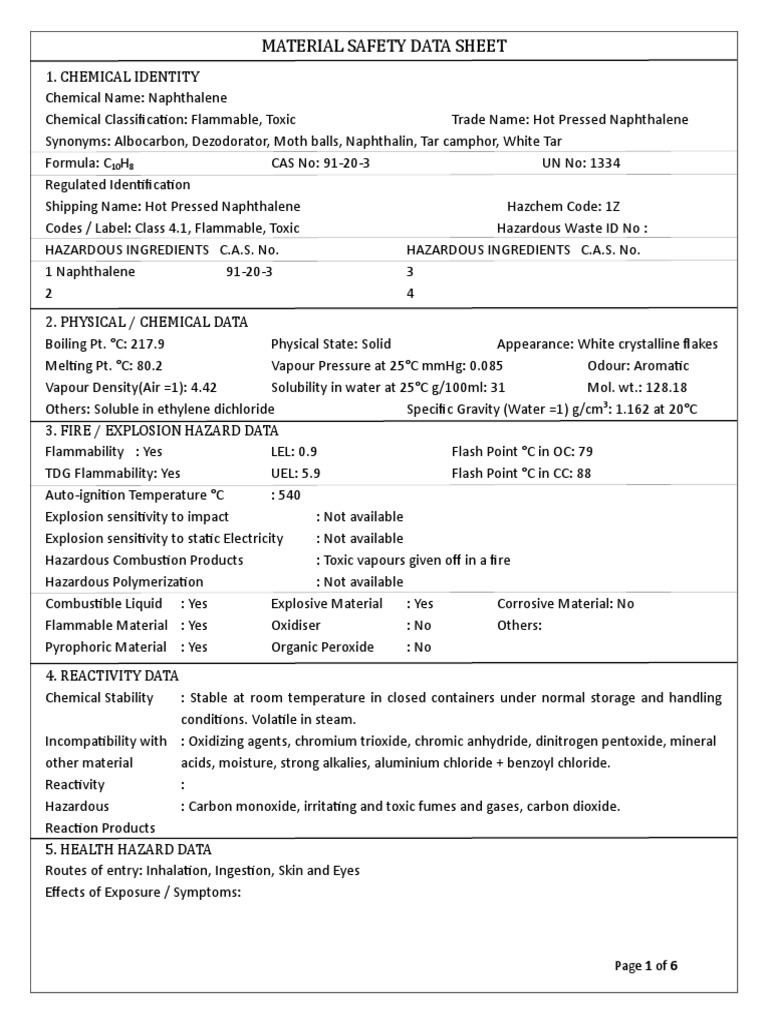 MSDS Naphthalene | PDF | Dangerous Goods | Chemical Substances