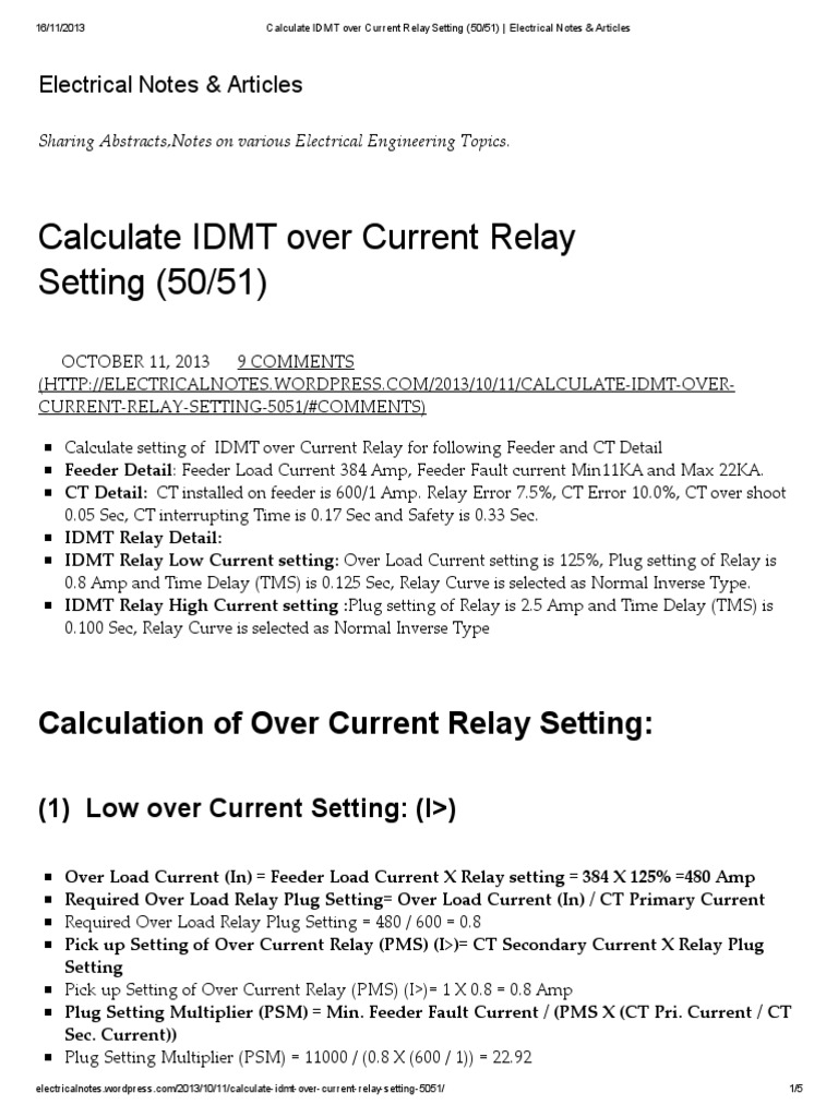 Calculate IDMT Over Current Relay Setting 50 51 Electrical Notes ...