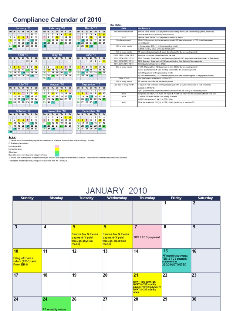 Compliance Calender 2010 | PDF | Government Finances | Taxation