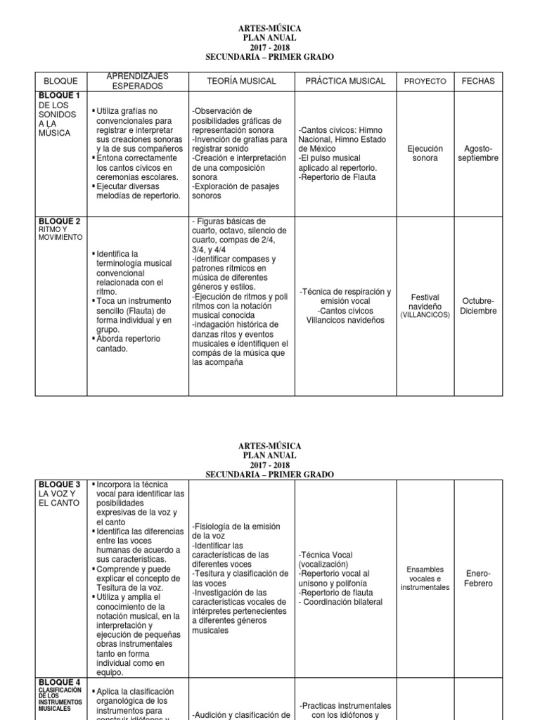 Plan Anual 1ro Sec | PDF | Ritmo | Instrumentos musicales
