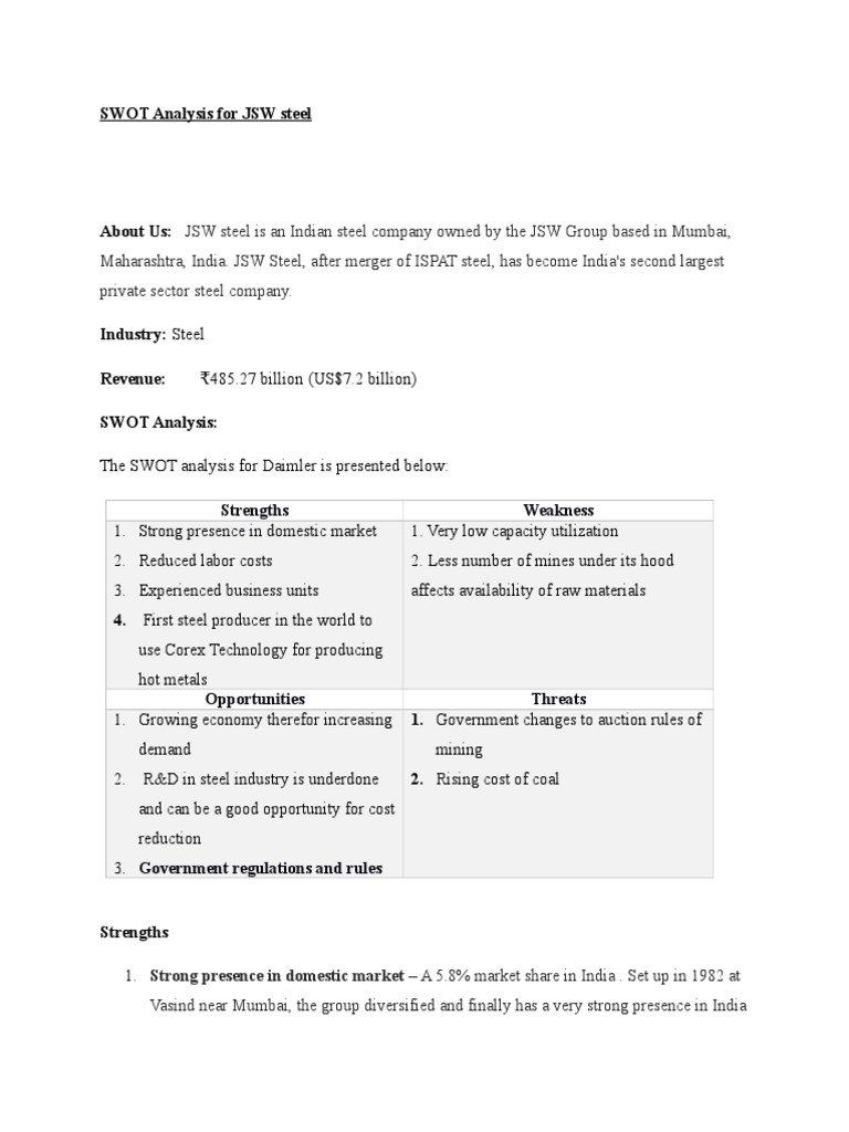 SWOT Analysis For JSW Steel | PDF | Mining | Steel