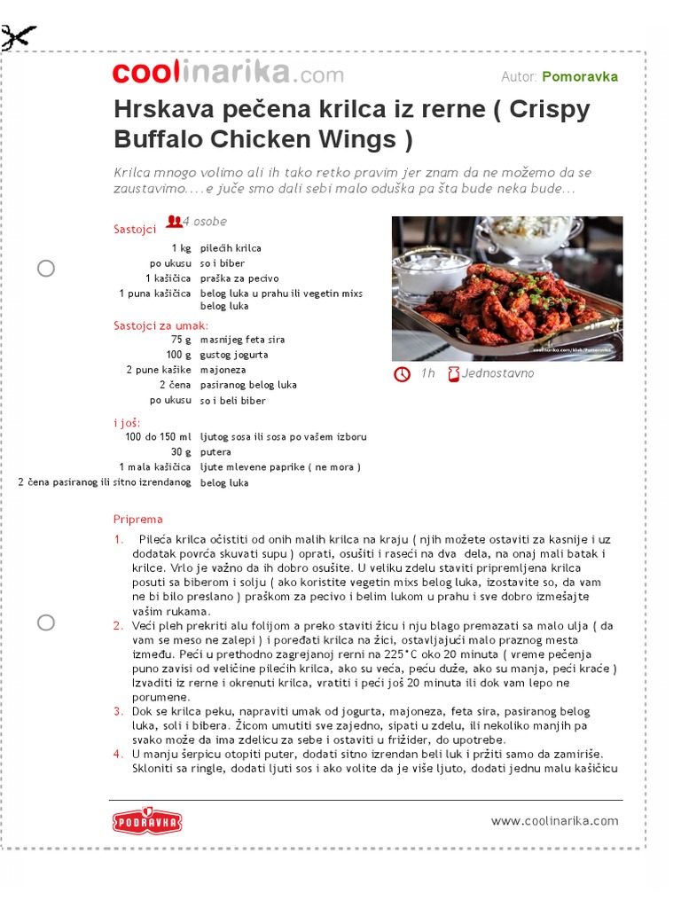 Hrskava Pecena Krilca Iz Rerne Crispy Buffalo Chicken Wings | PDF