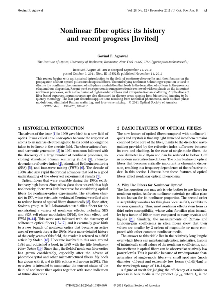 Nonlinear Fiber Optics: Its History and Recent Progress | PDF | Dispersion (Optics) | Nonlinear ...