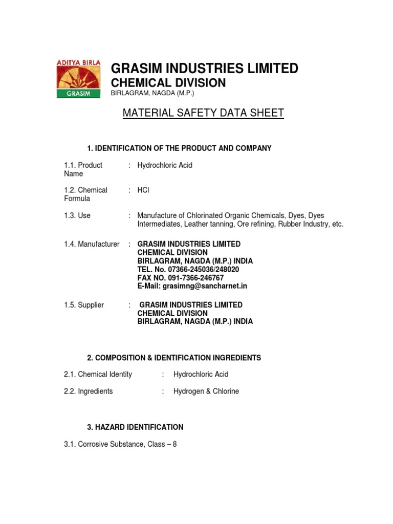 HCL MSDS PDF | PDF | Chlorine | Hydrochloric Acid