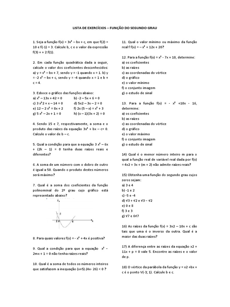 Lista De Exercícios Sobre Funções Quadráticas Determinação De