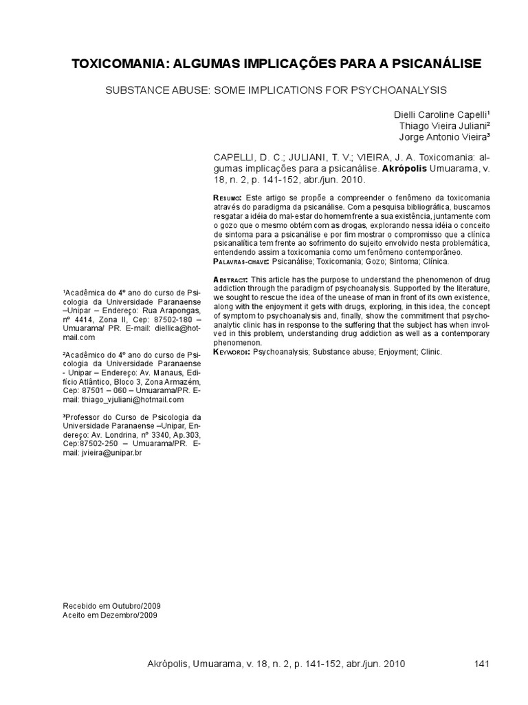 Toxicomania PDF | PDF | Sigmund Freud | Psicanálise