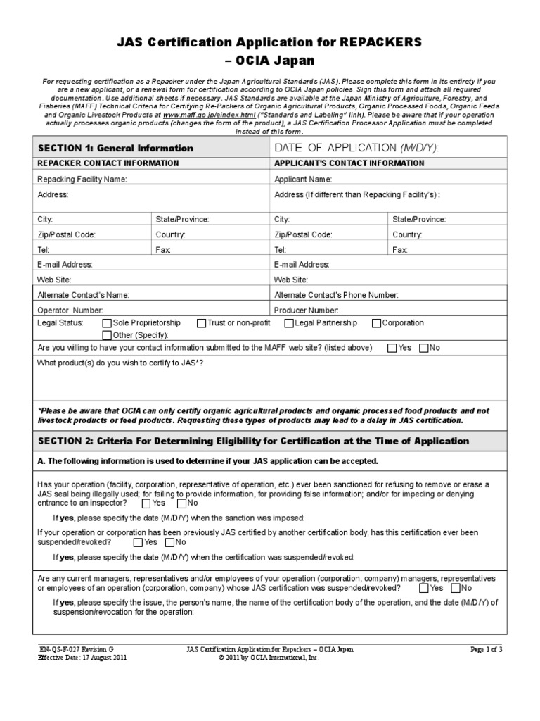 JAS Certification Application For REPACKERS - OCIA Japan: Date of ...