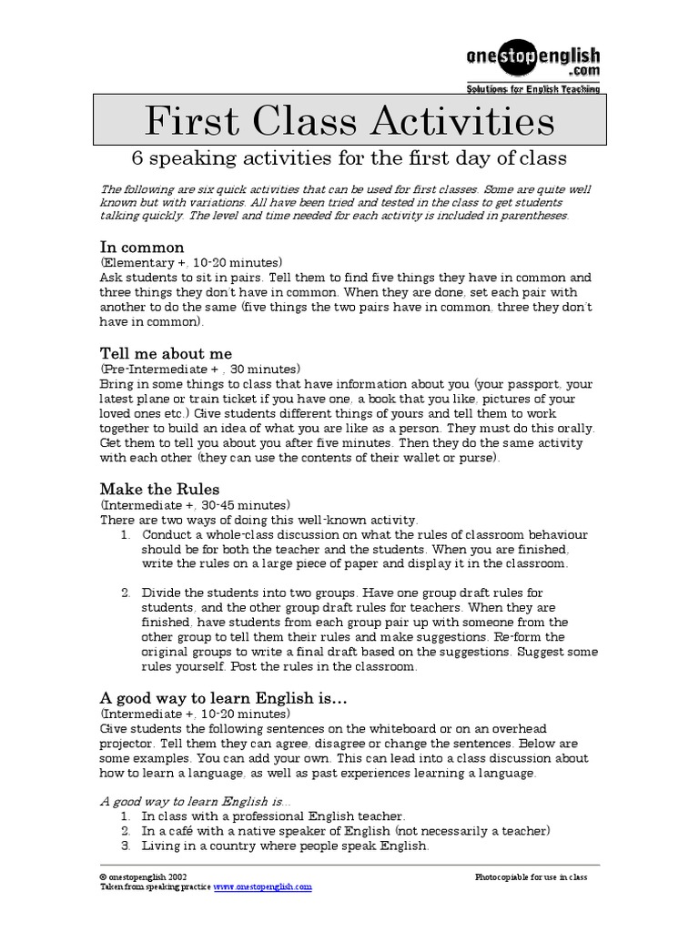 First Day English Class Activities | PDF