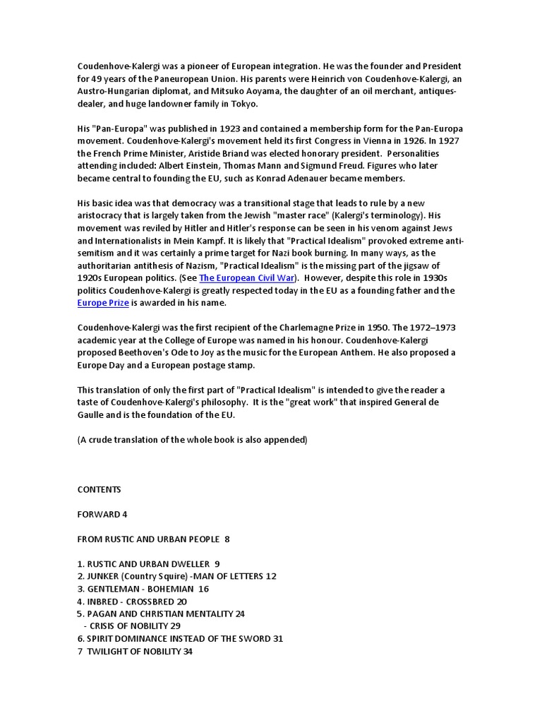 Coudenhove Kalergi Practical Idealism English | PDF | Nobility | Jews