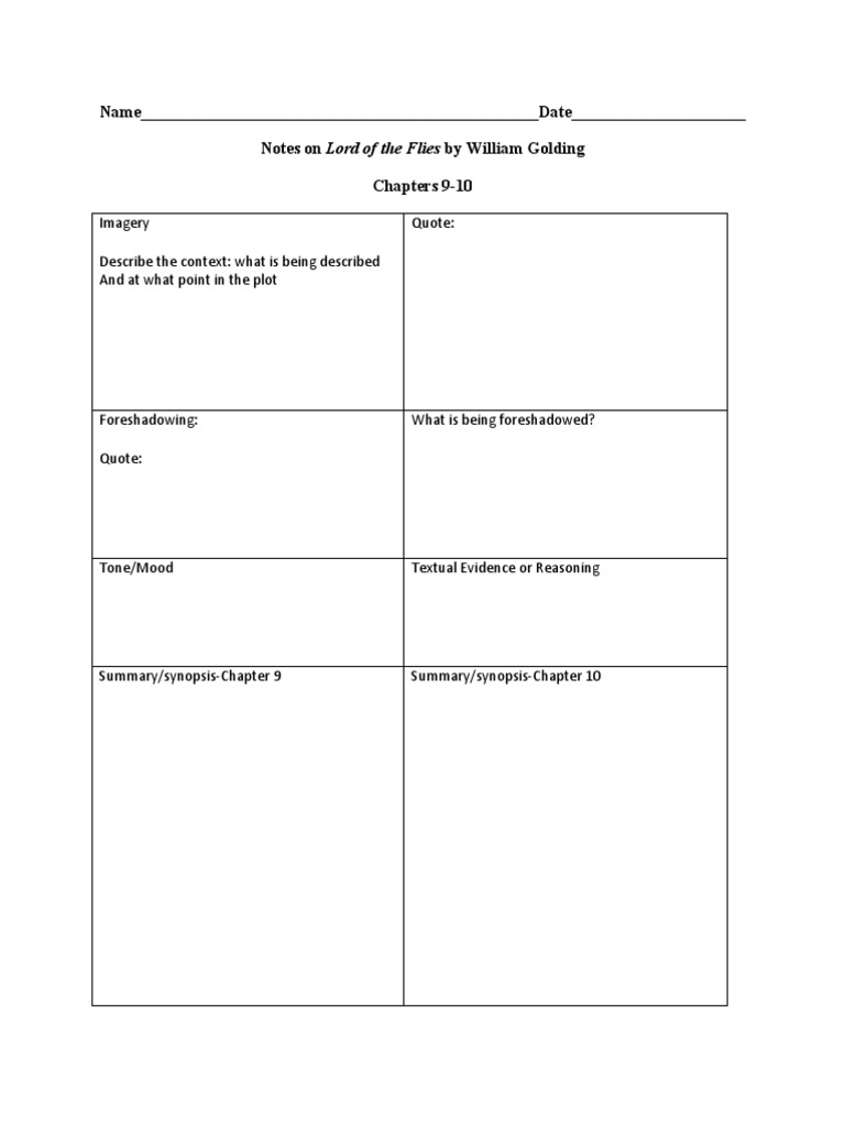 Name - Date - Notes On Lord of The Flies by William Golding Chapters 9 ...