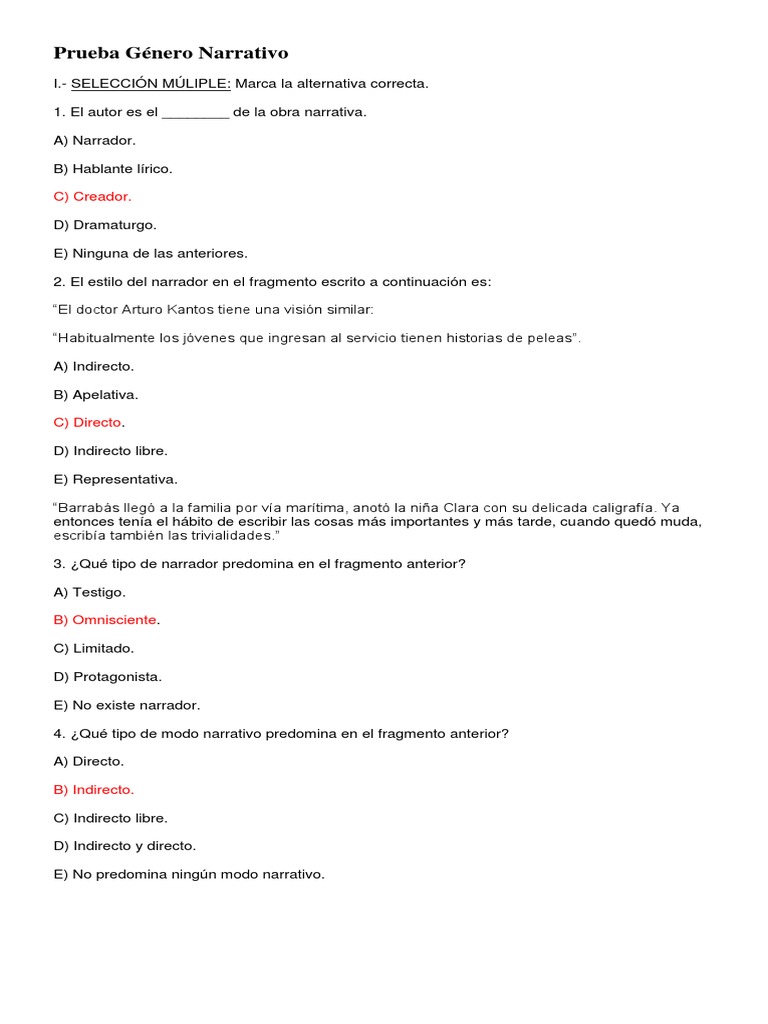 Prueba Género Narrativo Con Respuesta | PDF | Narración | Narrativa
