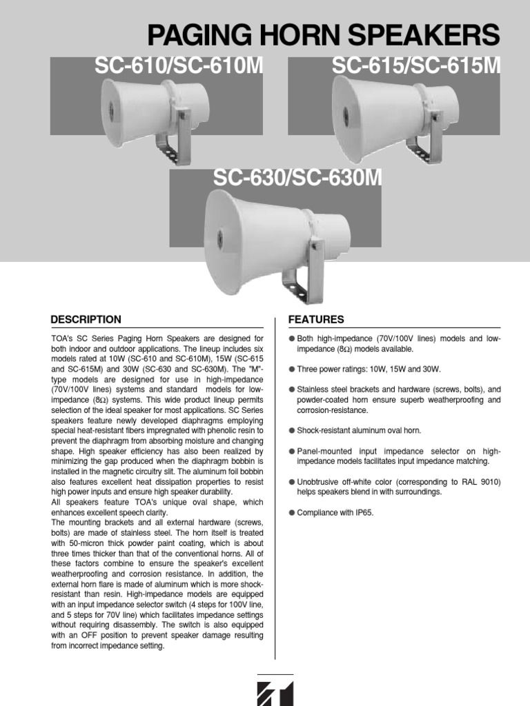 Paging Horn Speakers: SC-615/SC-615M SC-610/SC-610M | PDF