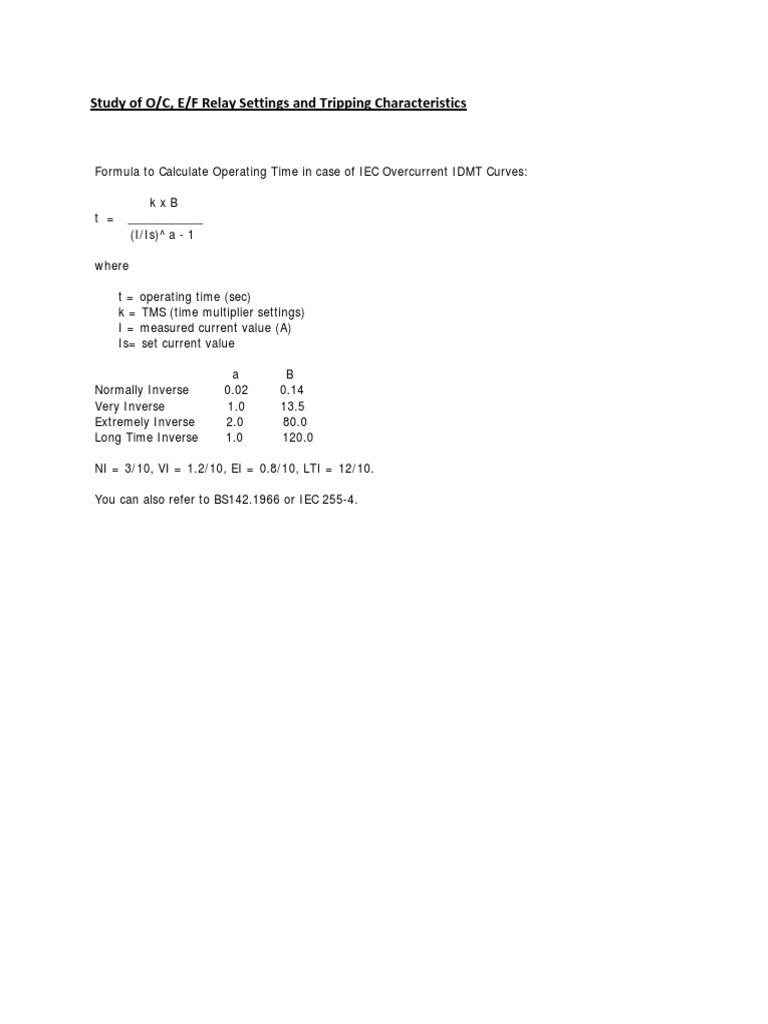 Iec Curves For Oc Ef Fault Relays | PDF
