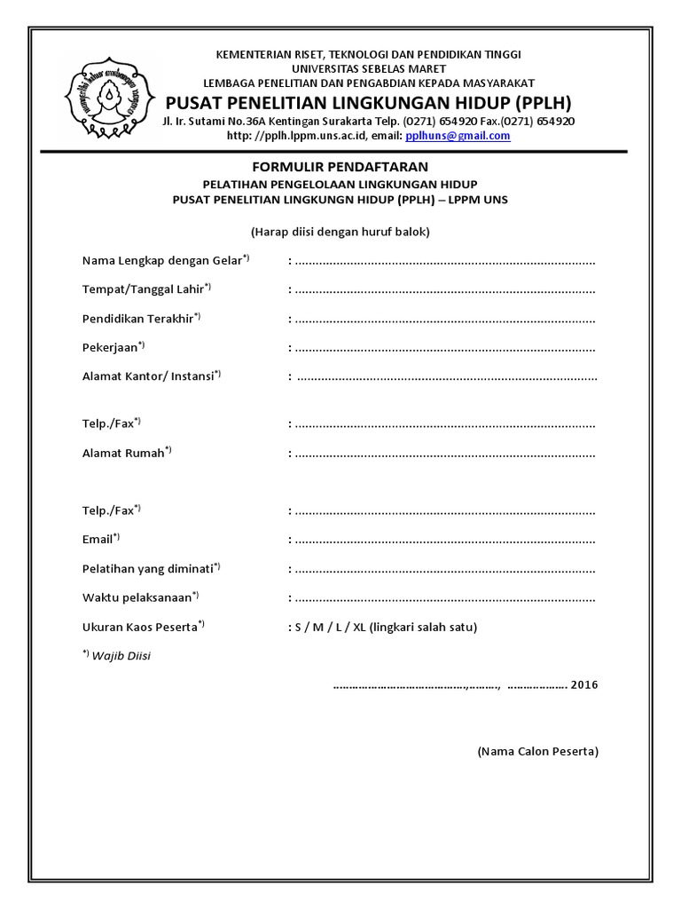 Formulir-Pendaftaran Diklat PPLH-LPPM UNS | PDF