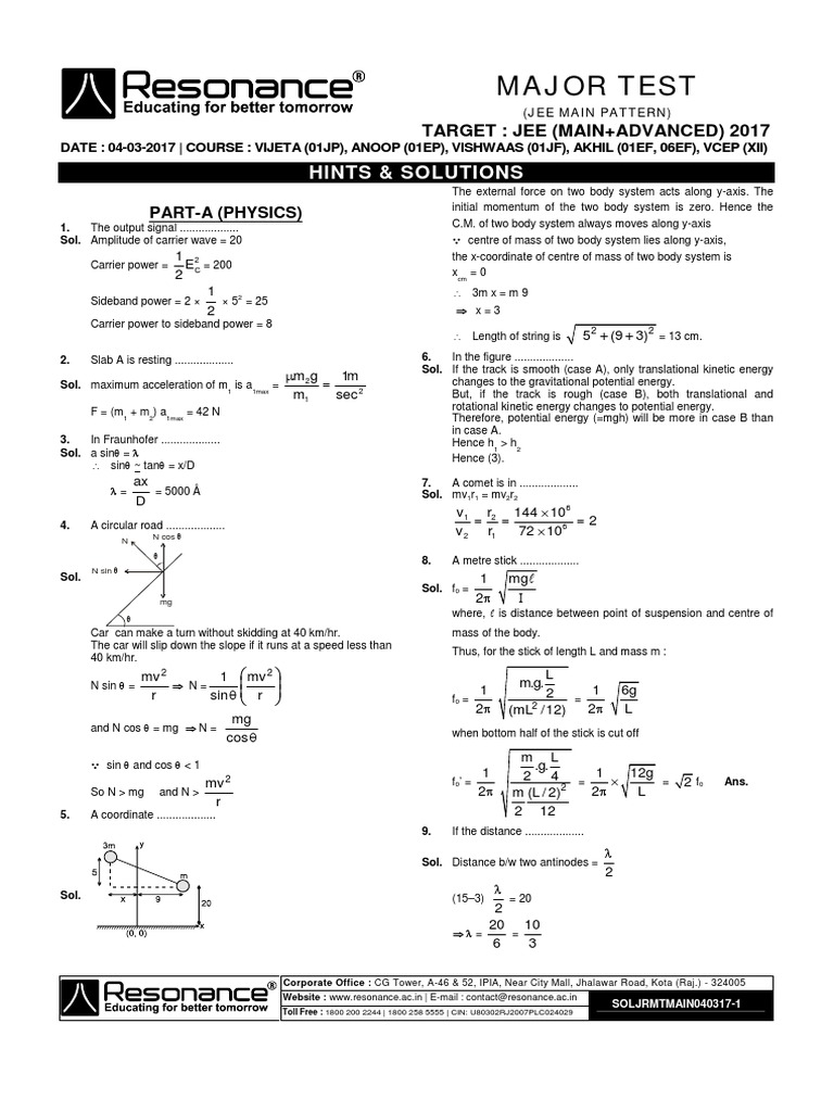 Major Test: Hints & Solutions | PDF | Physics | Physical Sciences