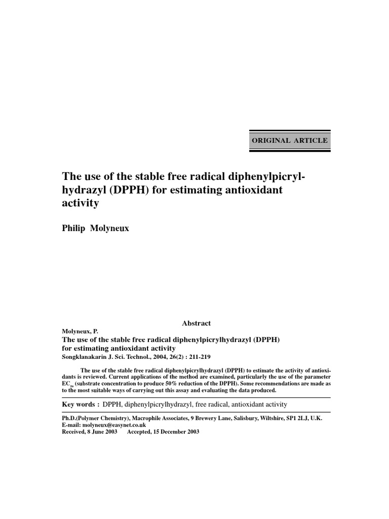 The Use of The Stable Free Radical Diphenylpicryl-Hydrazyl (DPPH) For ...