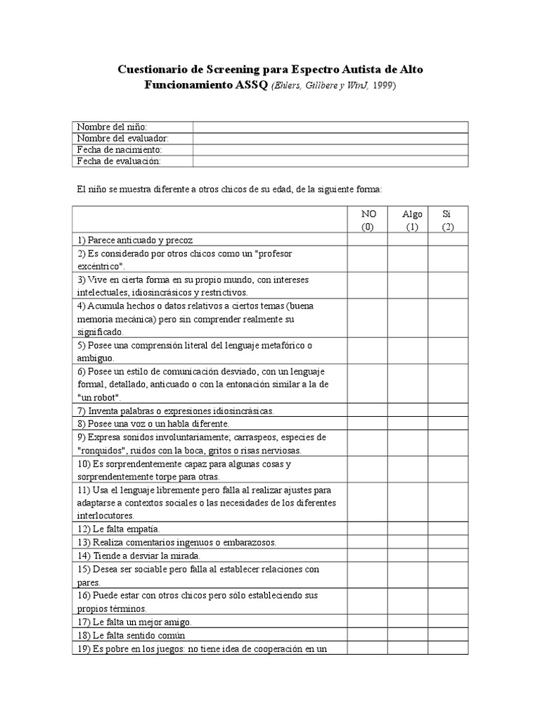 Cuestionario de Screening para Espectro Autista de Alto Funcionamiento ...