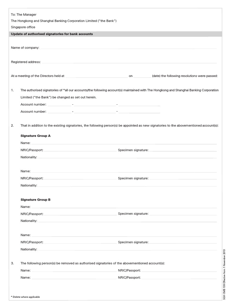 Board Resolution for Bank Signatory Change | PDF | Signature | Identity ...