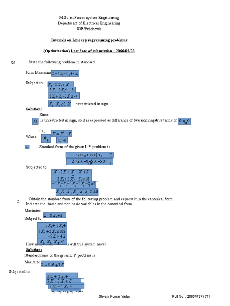 Tutorials On Linear Programming Problems (Optimization) Last Date of Submission: 2066/03/23 ...