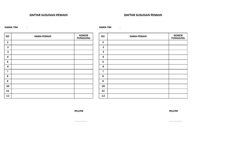 Format Daftar Susunan Pemain Futsal | PDF