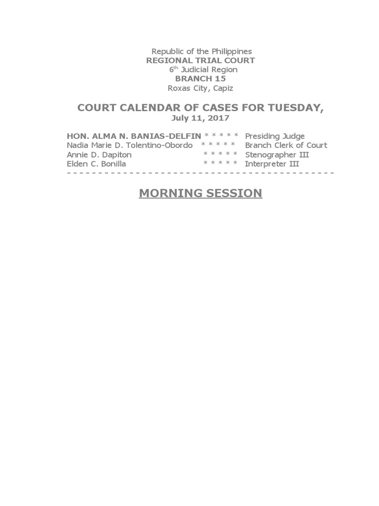 Court Calendar of Cases For Tuesday,: Morning Session | PDF