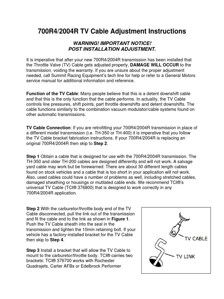700r4 Cable Adjustment Instructions | PDF | Throttle | Manual Transmission