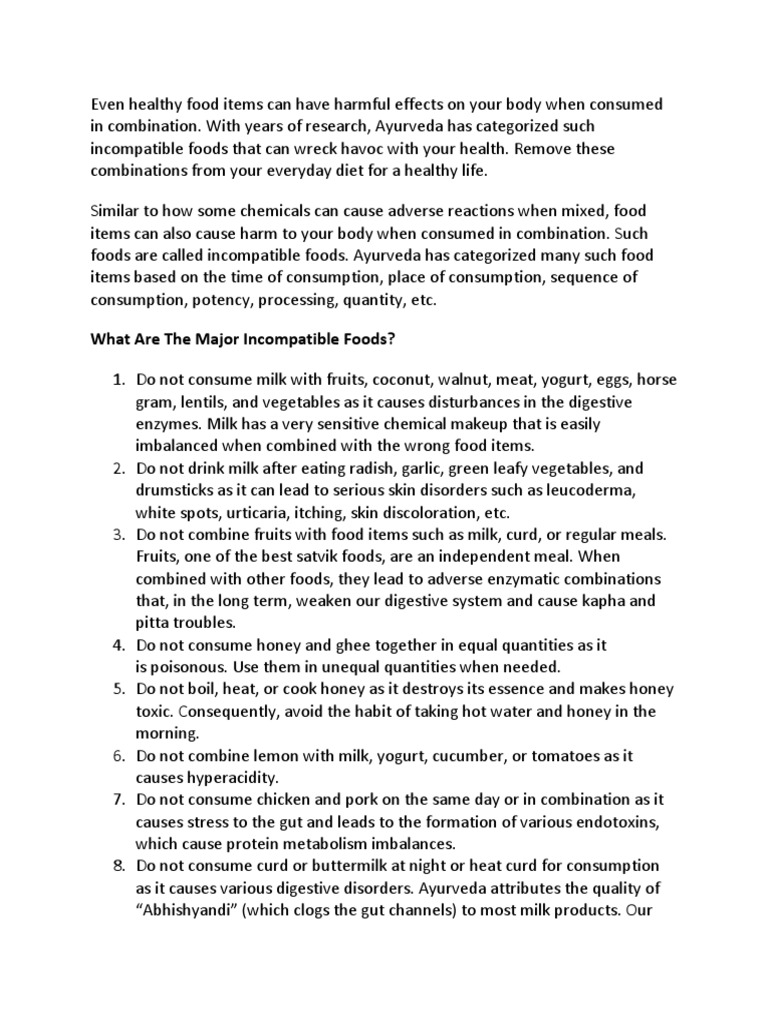 Ayurvedic List of Incompatible Foods | PDF | Yogurt | Ayurveda