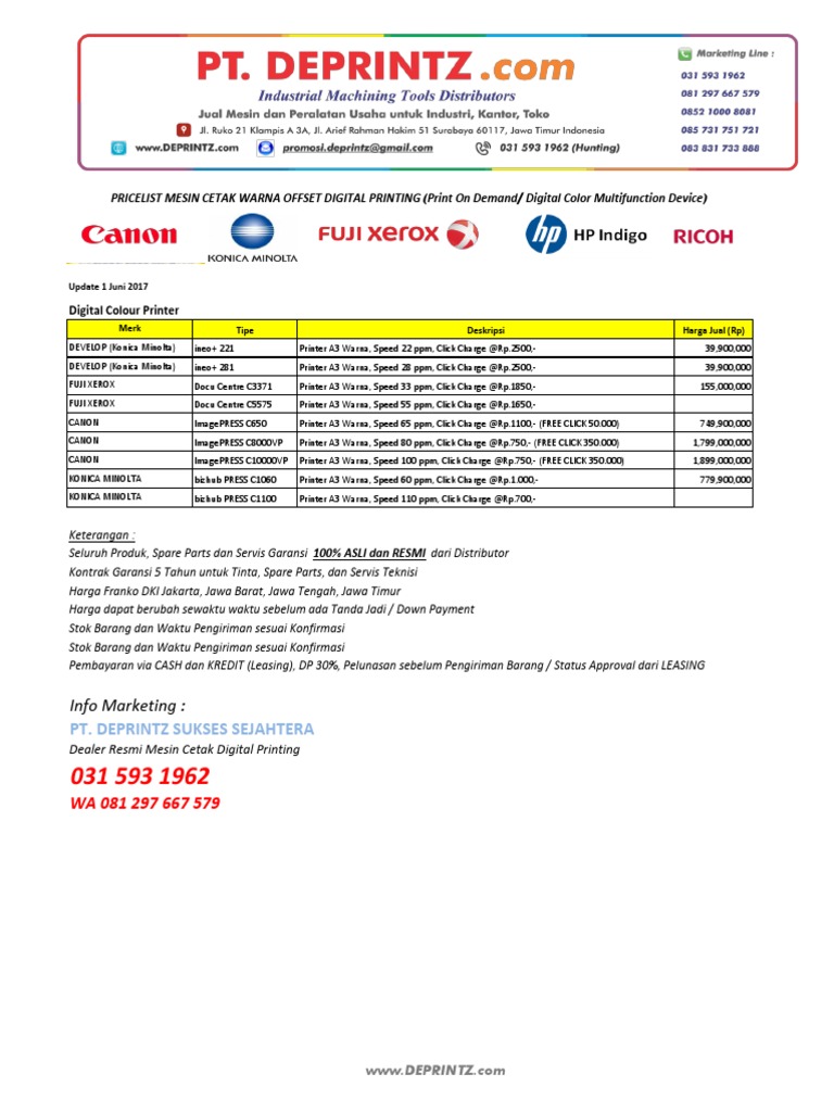 Daftar Harga Mesin Cetak Warna Offset Digital Printing 010617 | PDF