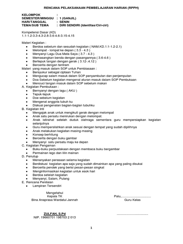 RPPH Tema Diri Sendiri untuk TK | PDF