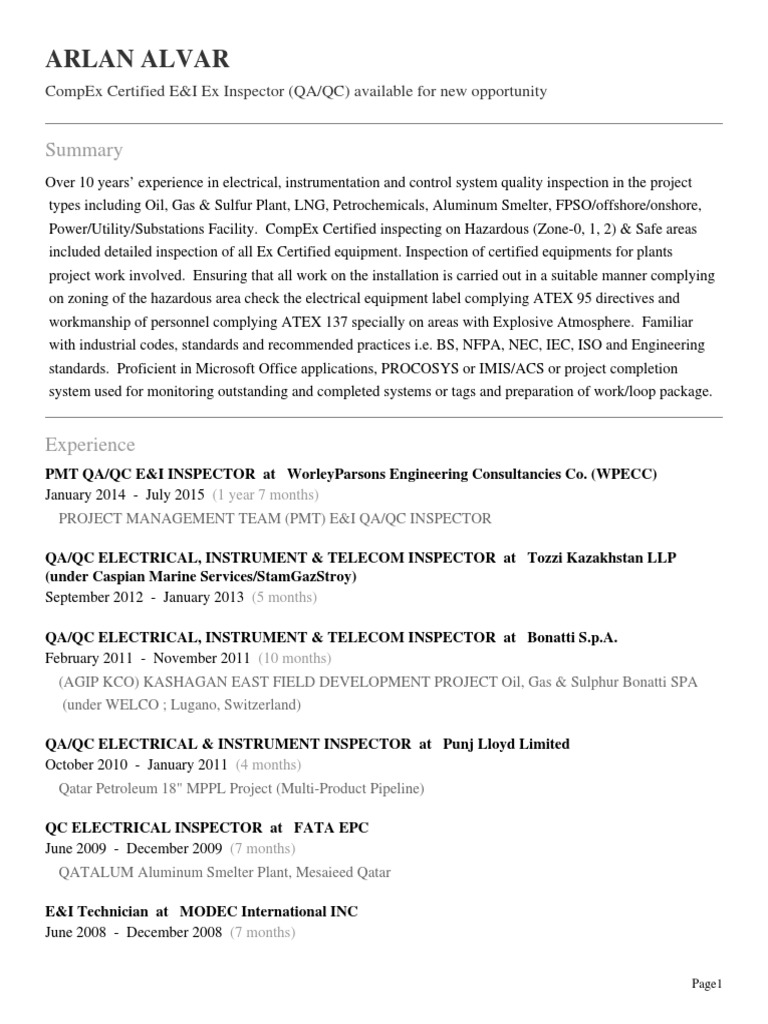 Arlan Alvar: Compex Certified E&I Ex Inspector (Qa/Qc) Available For ...