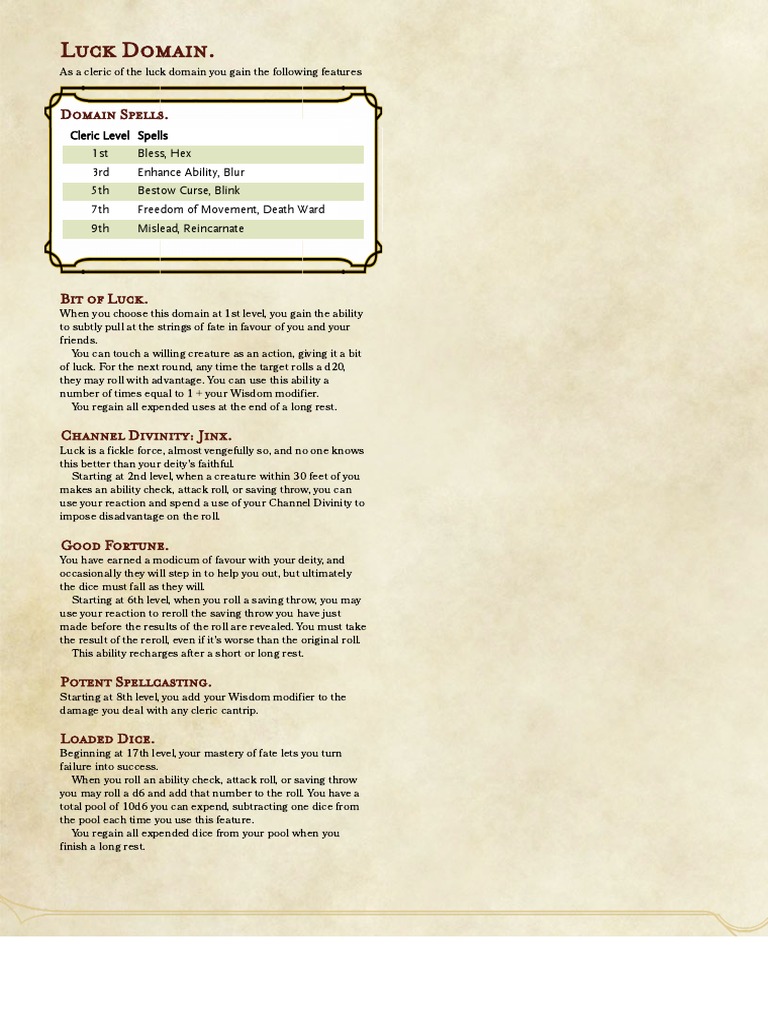 949799-Luck Domain V1 (5e Cleric) | PDF | Fantasy Role Playing Games ... 949799-Luck Domain V1 (5e Cleric) | PDF | Fantasy Role Playing Games ...