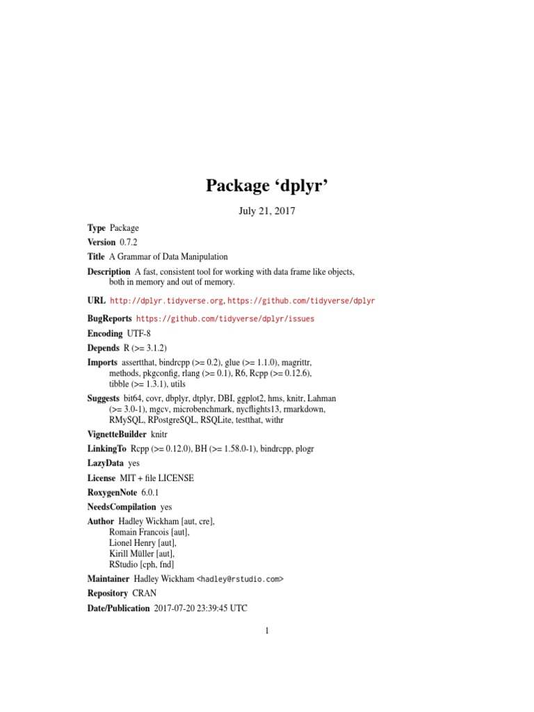 Package Dplyr': July 21, 2017 | PDF | Anonymous Function | Parameter ... Package Dplyr': July 21, 2017 | PDF | Anonymous Function | Parameter ...