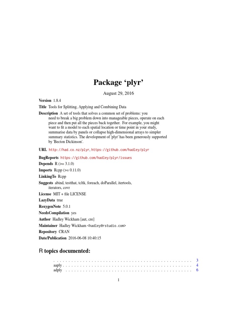 Package Plyr': R Topics Documented | PDF | Parameter (Computer Programming) | Matrix (Mathematics)