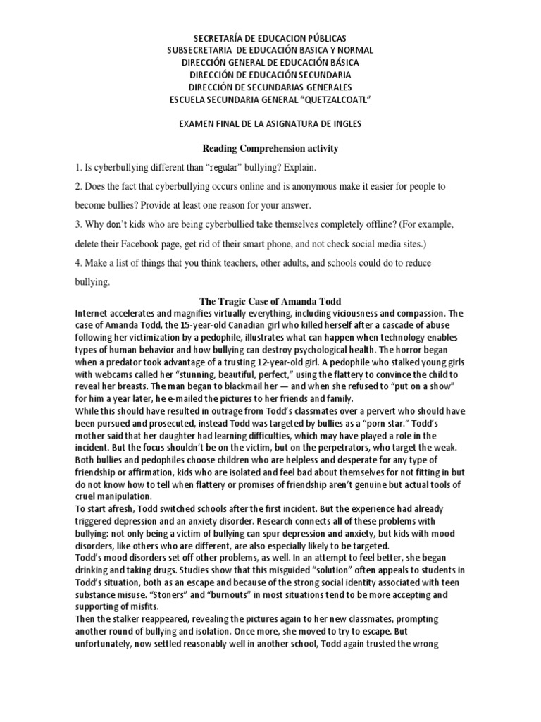 Reading Comprehension Activity | PDF | Cyberbullying | Bullying