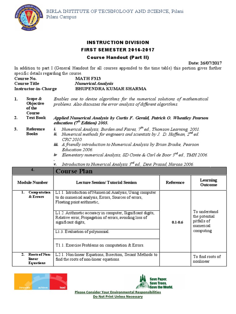Course Plan: Birla Institute of Technology and Science, Pilani Pilani ...