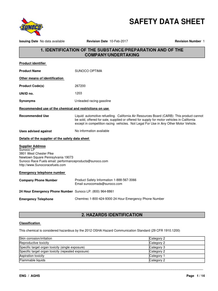 Sunoco Optima Us Sds 9feb2017 | Superfund | Toxicity