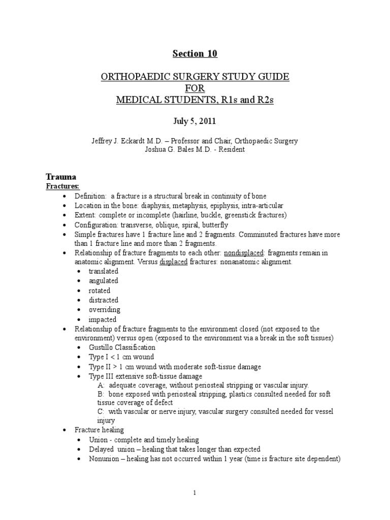 Orthopaedic Surgery Study Guide FOR Medical Students, R1S and R2S | PDF