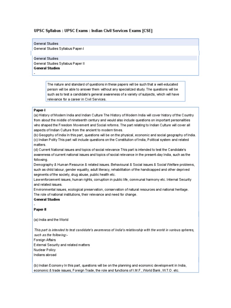UPSC Syllabus: UPSC Exams: Indian Civil Services Exams [CSE] | Essays ...