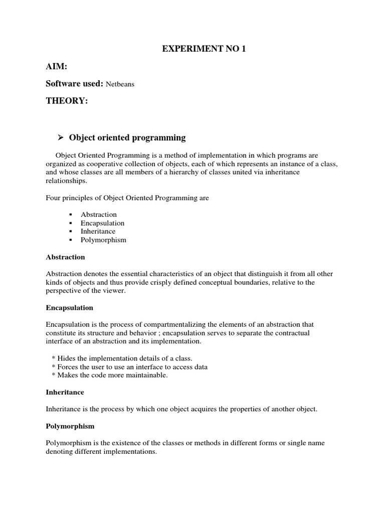 Experiment No 1 Aim: Software Used: Theory:: Object Oriented Programming | PDF | Constructor ...