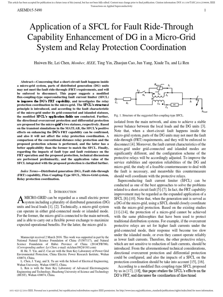 Application of A SFCL For Fault Ride-Through Capability Enhancement of DG in A Micro-Grid System ...