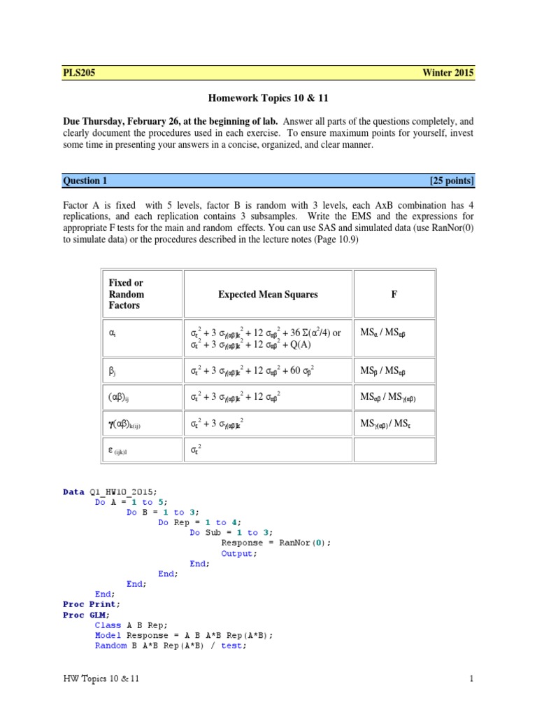 2015 Hw1011 Key | PDF | Errors And Residuals | Analysis Of Variance