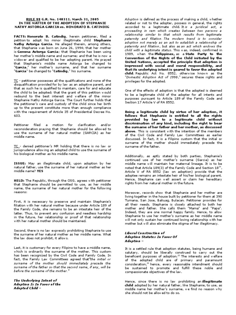 Specpro Rule 99 100 Case Digest | PDF | Best Interests | Adoption